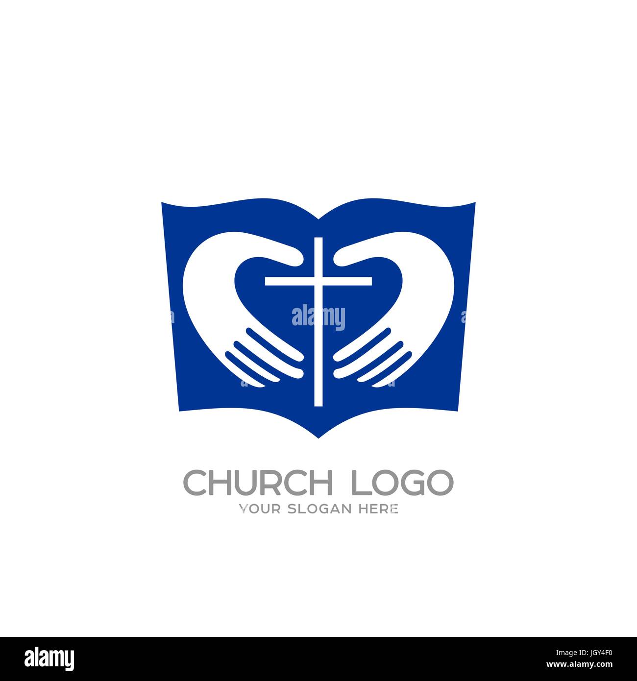 Church logo. Christian symbols. The Bible, hands forming the heart and ...