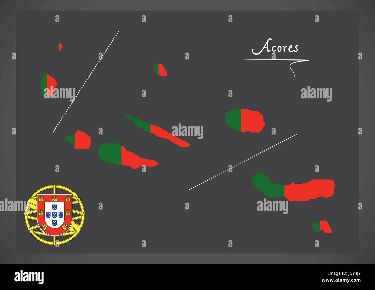 Acores Portugal map with Portuguese national flag illustration Stock ...