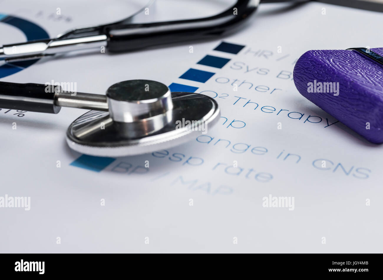 Stethoscope and reflex Hammer on health condition chart closeup Stock ...