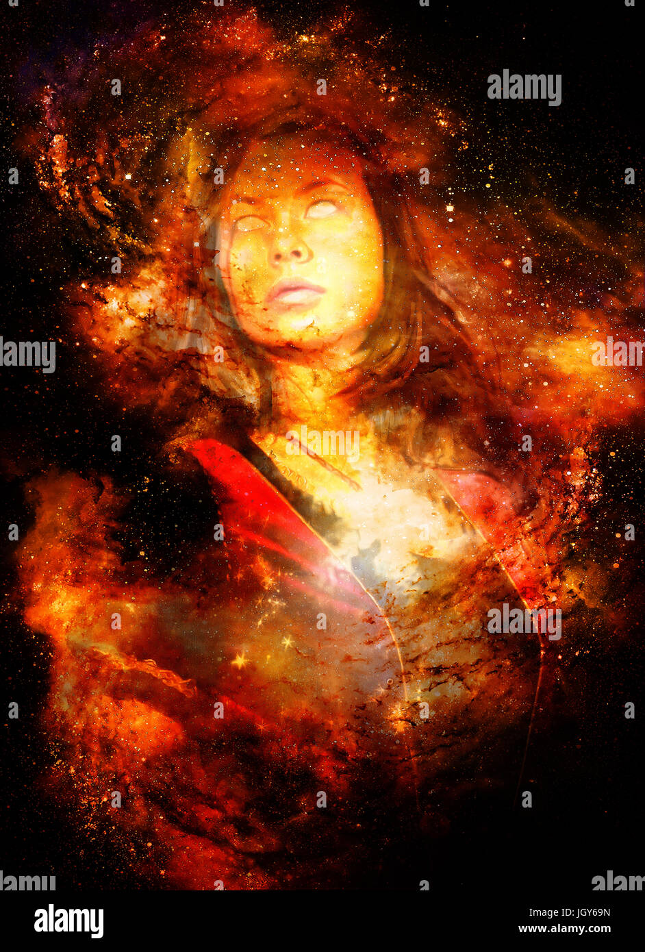 Goddess Woman in Cosmic space. Cosmic Space background. eye contact ...