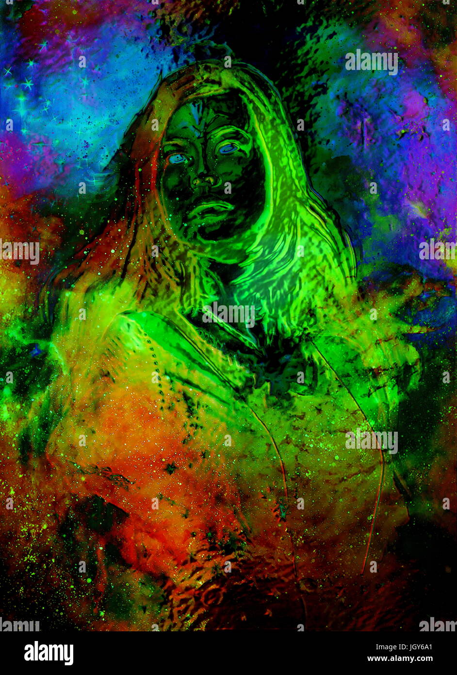 Goddess Woman in Cosmic space. Cosmic Space background. Glass effect ...