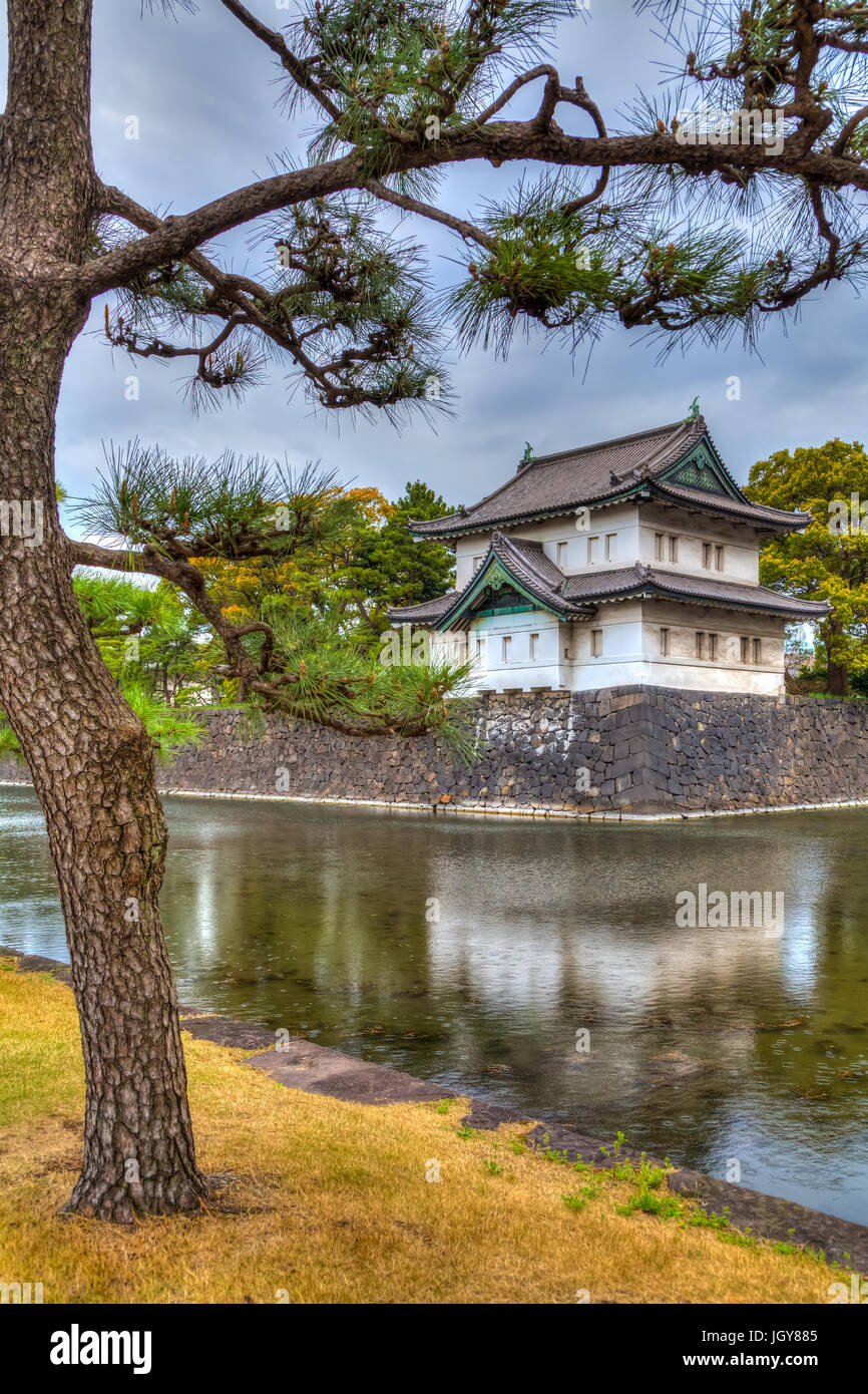 The Imperial Palace buildings reflected in the moat in Tokyo, Japan ...