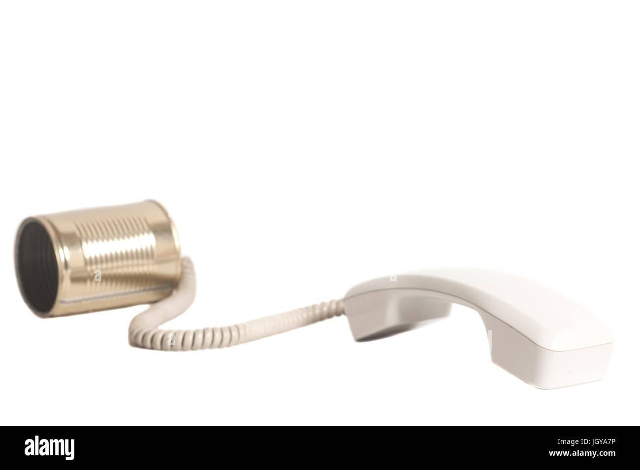 Tin can phone with handset isolated on white background Stock Photo - Alamy