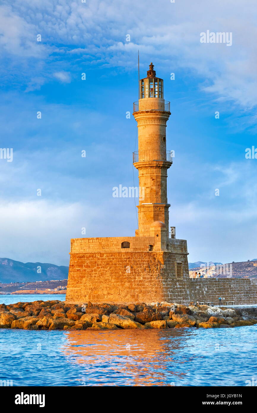 Chania lighthouse, Old Venetian Harbour, Crete Island, Greece Stock ...