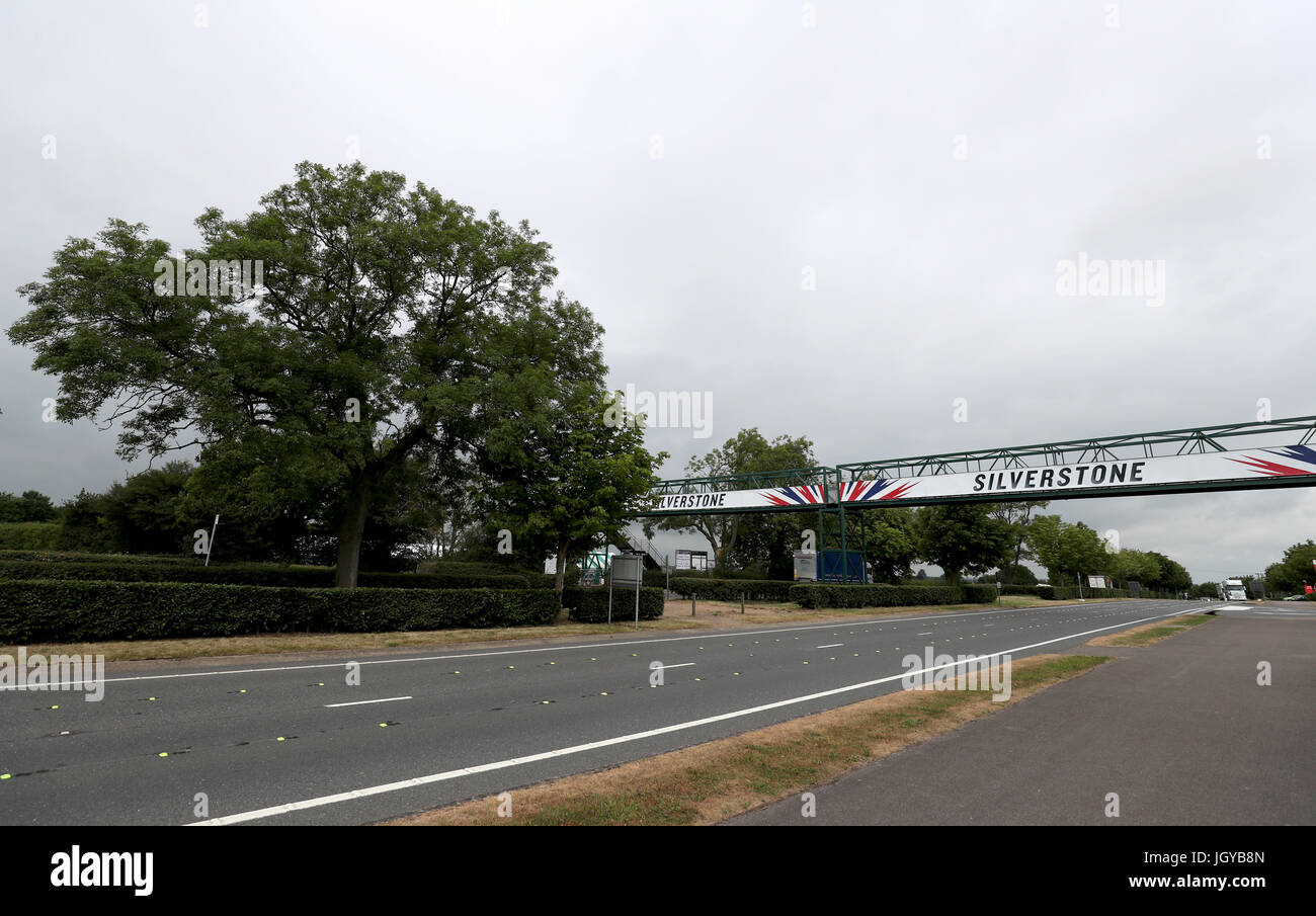 General view of signage on the approach road at Silverstone Circuit ...