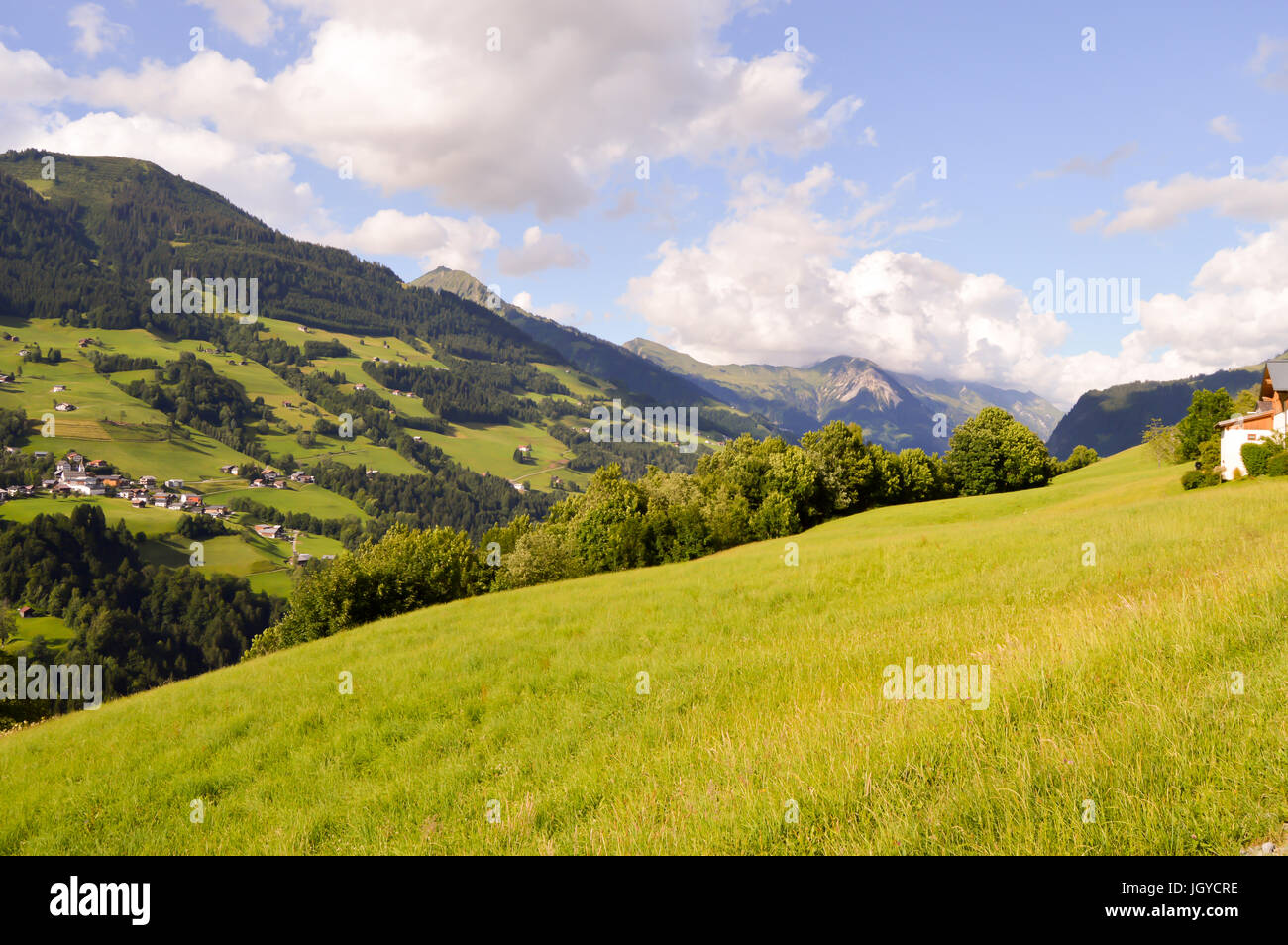 View of a valley and green hills in the Austrian Tyrol Stock Photo - Alamy