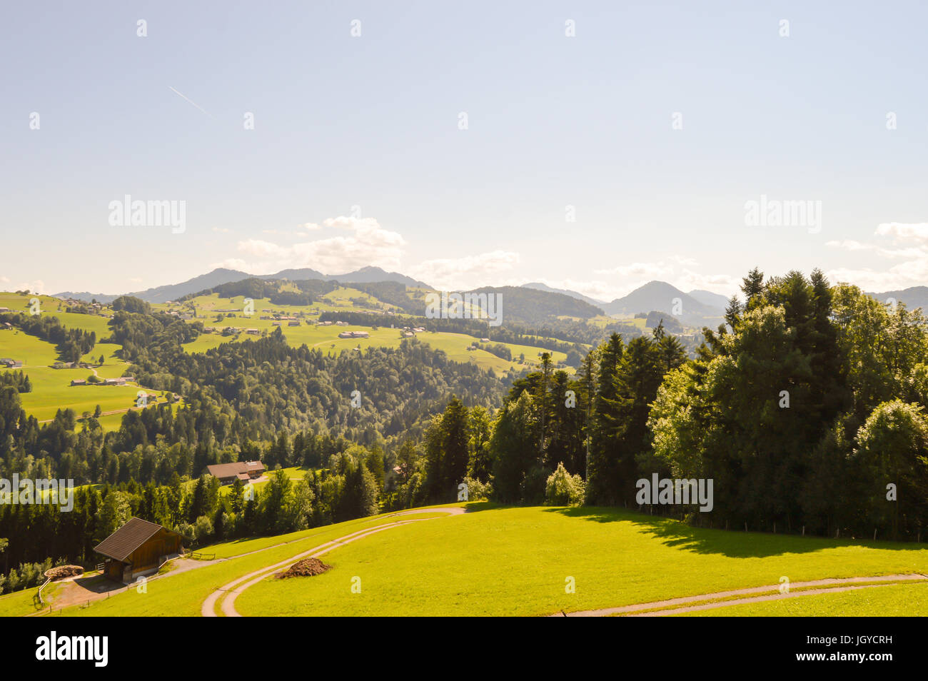 View of a valley and green hills in the Austrian Tyrol Stock Photo - Alamy