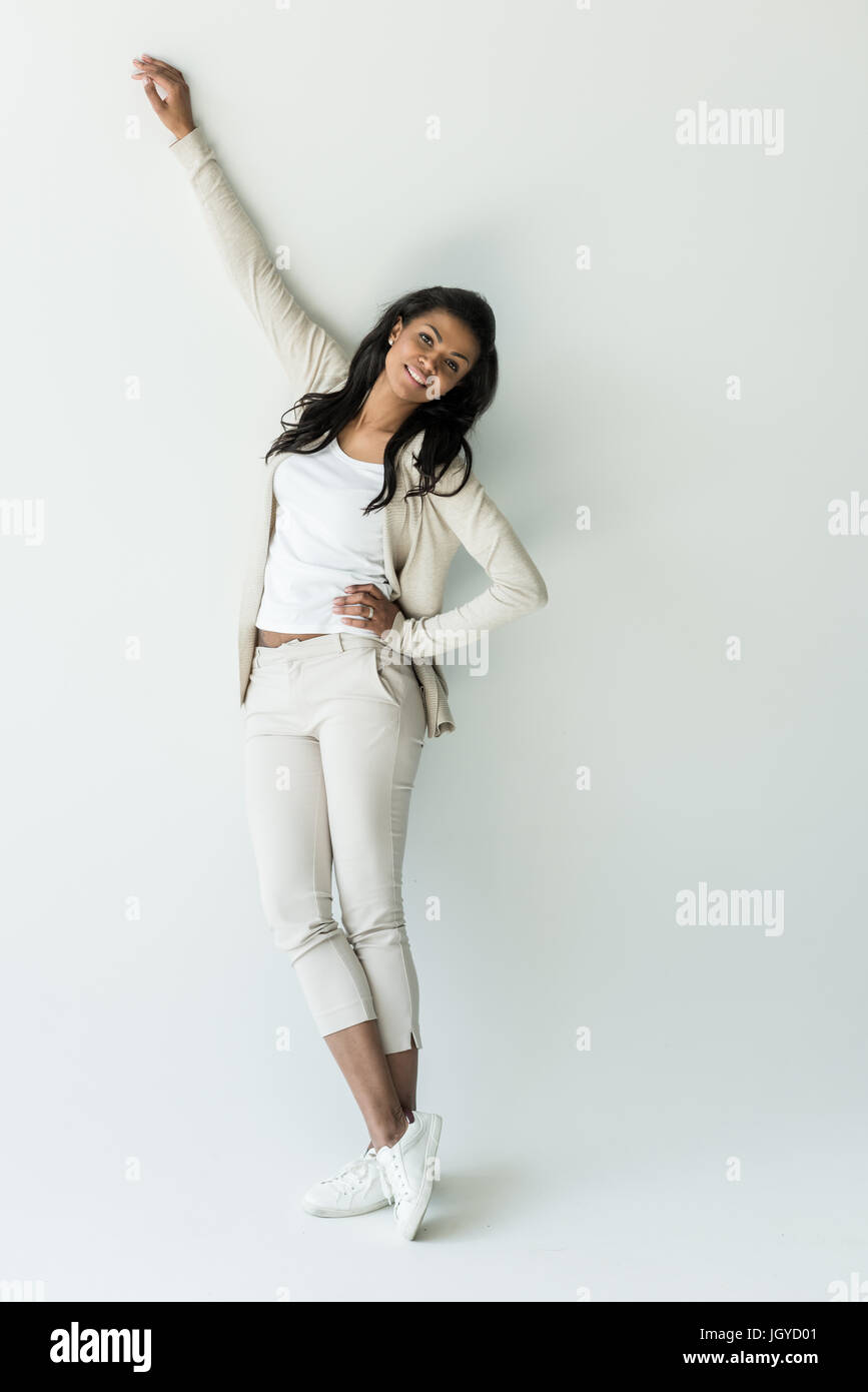 Happy Attractive African American Woman Posing Isolated On White Stock