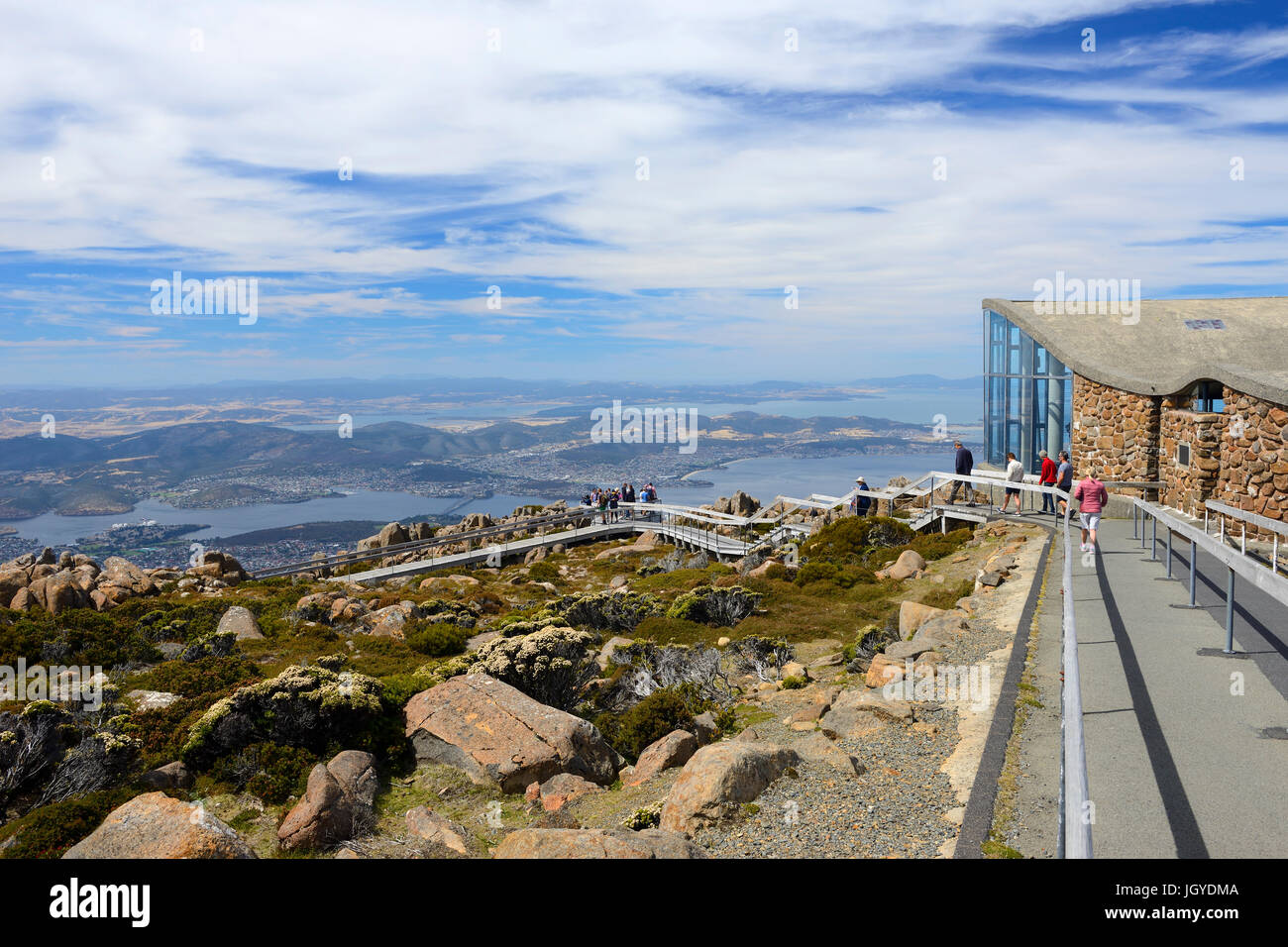 Mount Wellington lookout structure with views across the city of Hobart ...