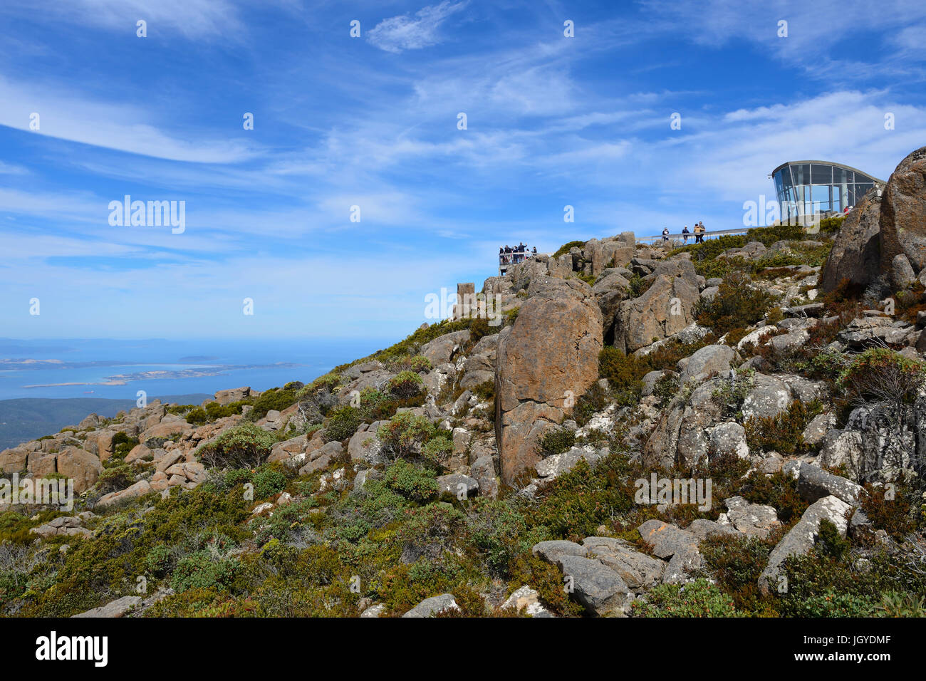 Mount Wellington lookout structure with views across the city of Hobart ...