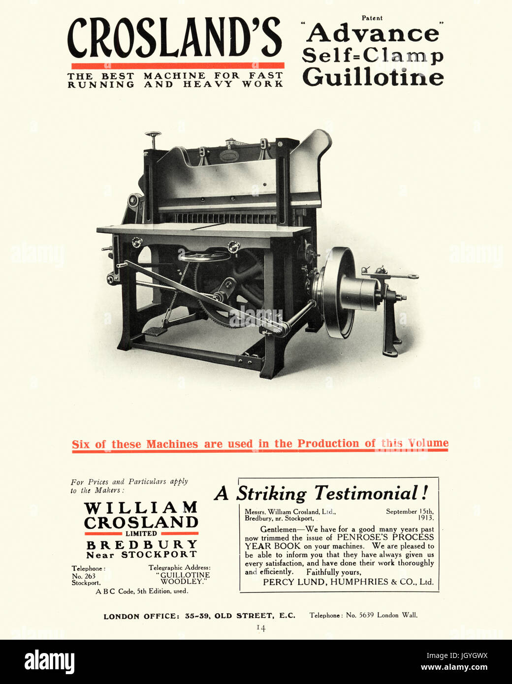 Advert for a Crosland's Advance Self Clamp Guillotine 1913 Stock Photo ...