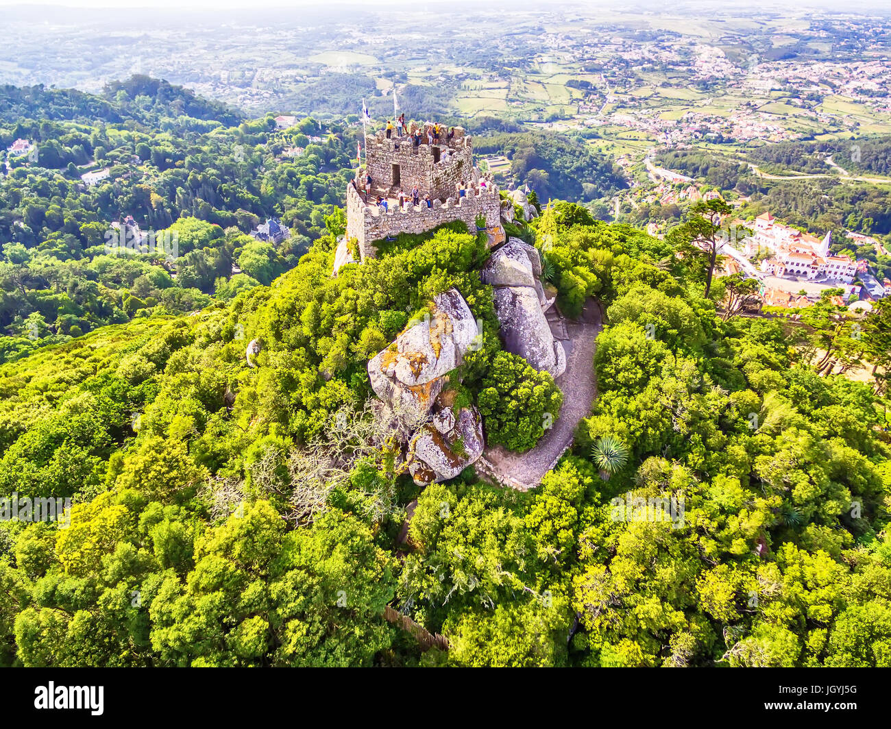 Sintra, Portugal: aerial top view of the Castle of the Moors, Castelo ...