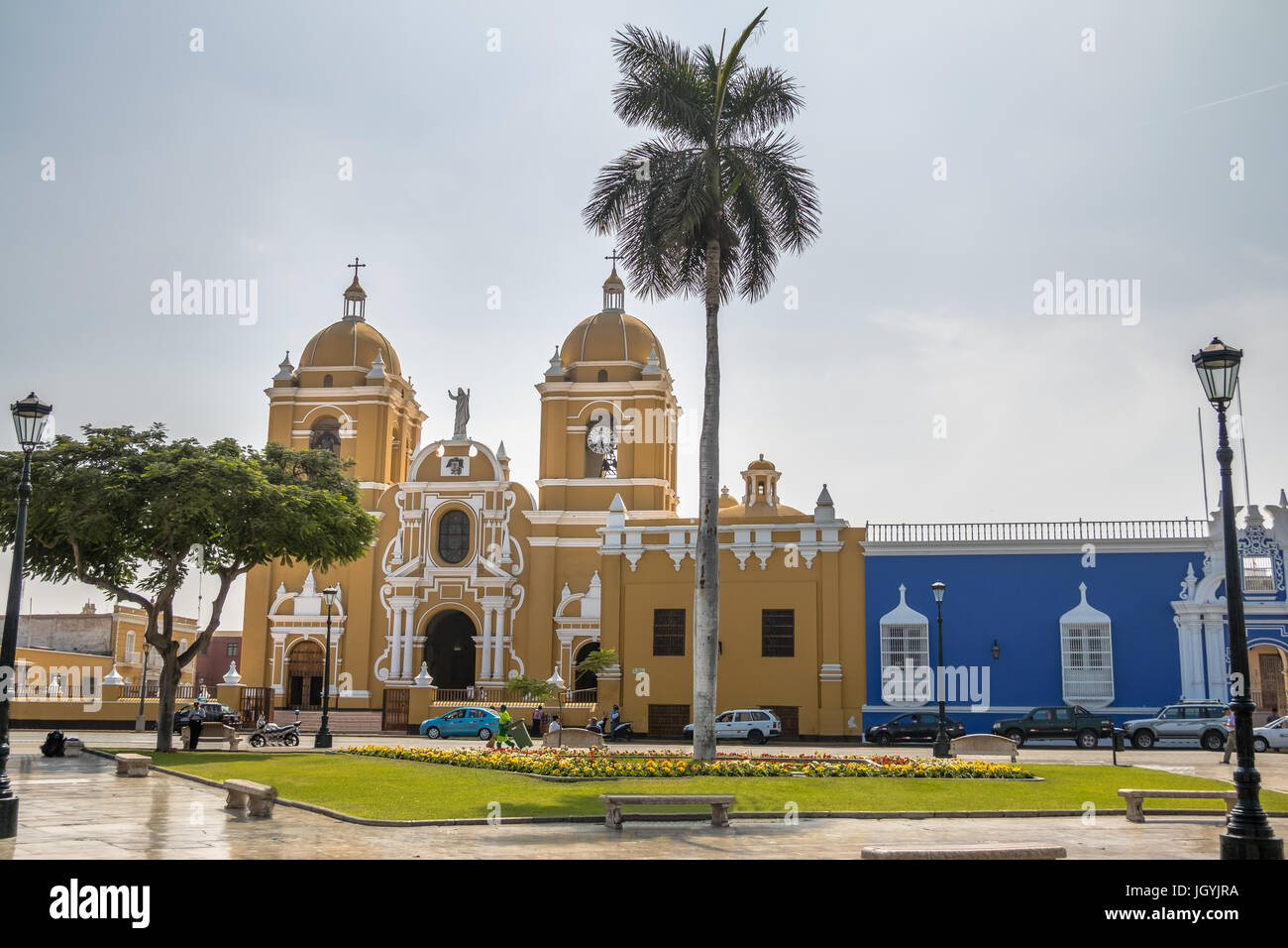 South america latin peru trujillo plaza square armas cathedral statue ...