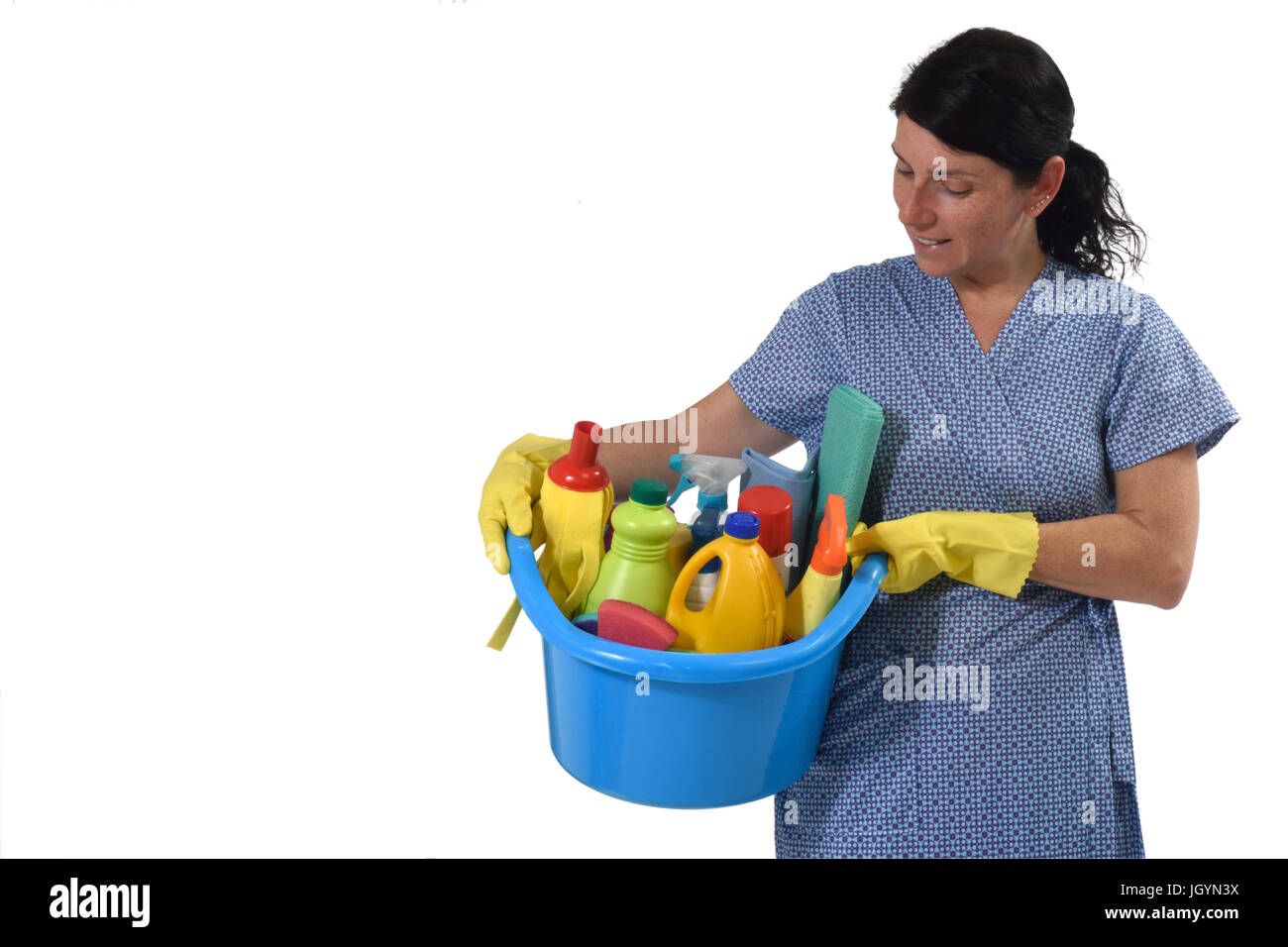 Cheerful female cleaner cleaning Cut Out Stock Images & Pictures - Alamy