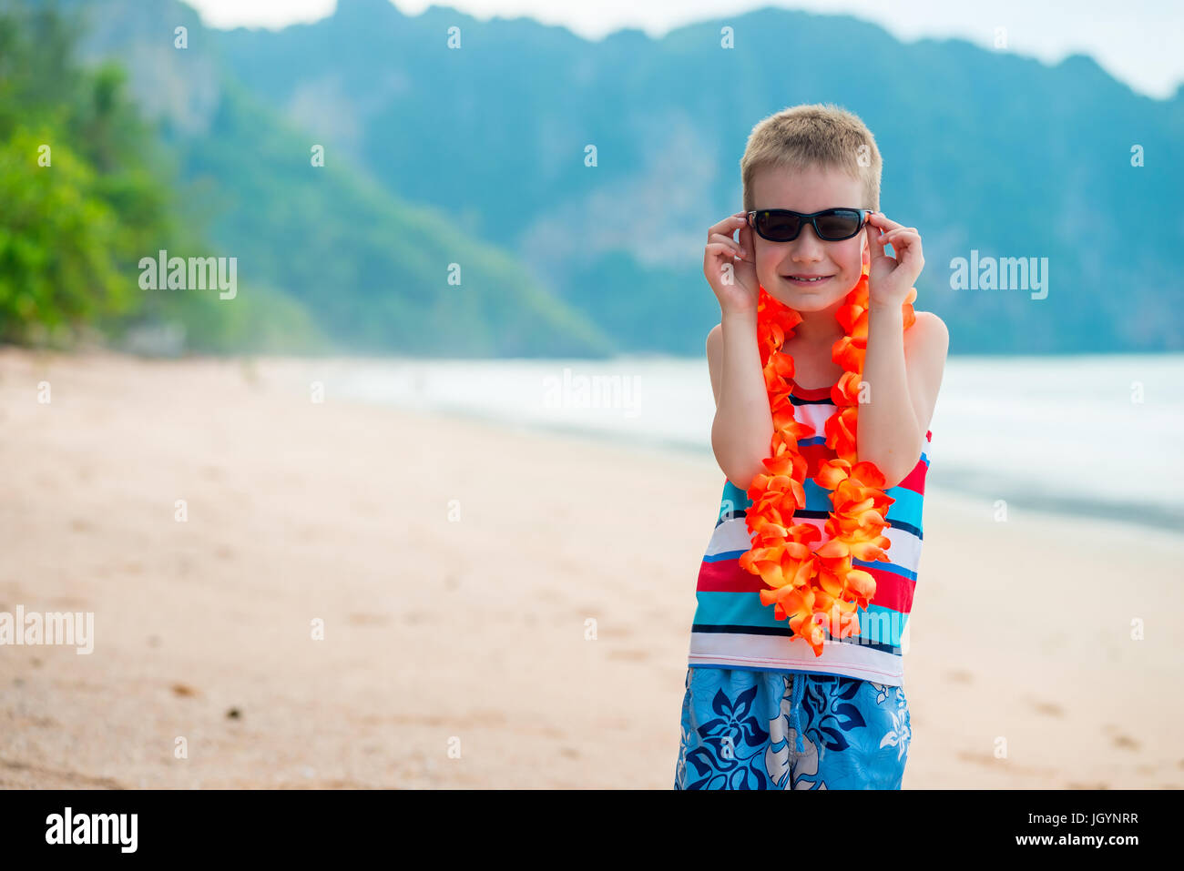 Boy wearing Hawaiian floral lei on the beach Stock Photo - Alamy
