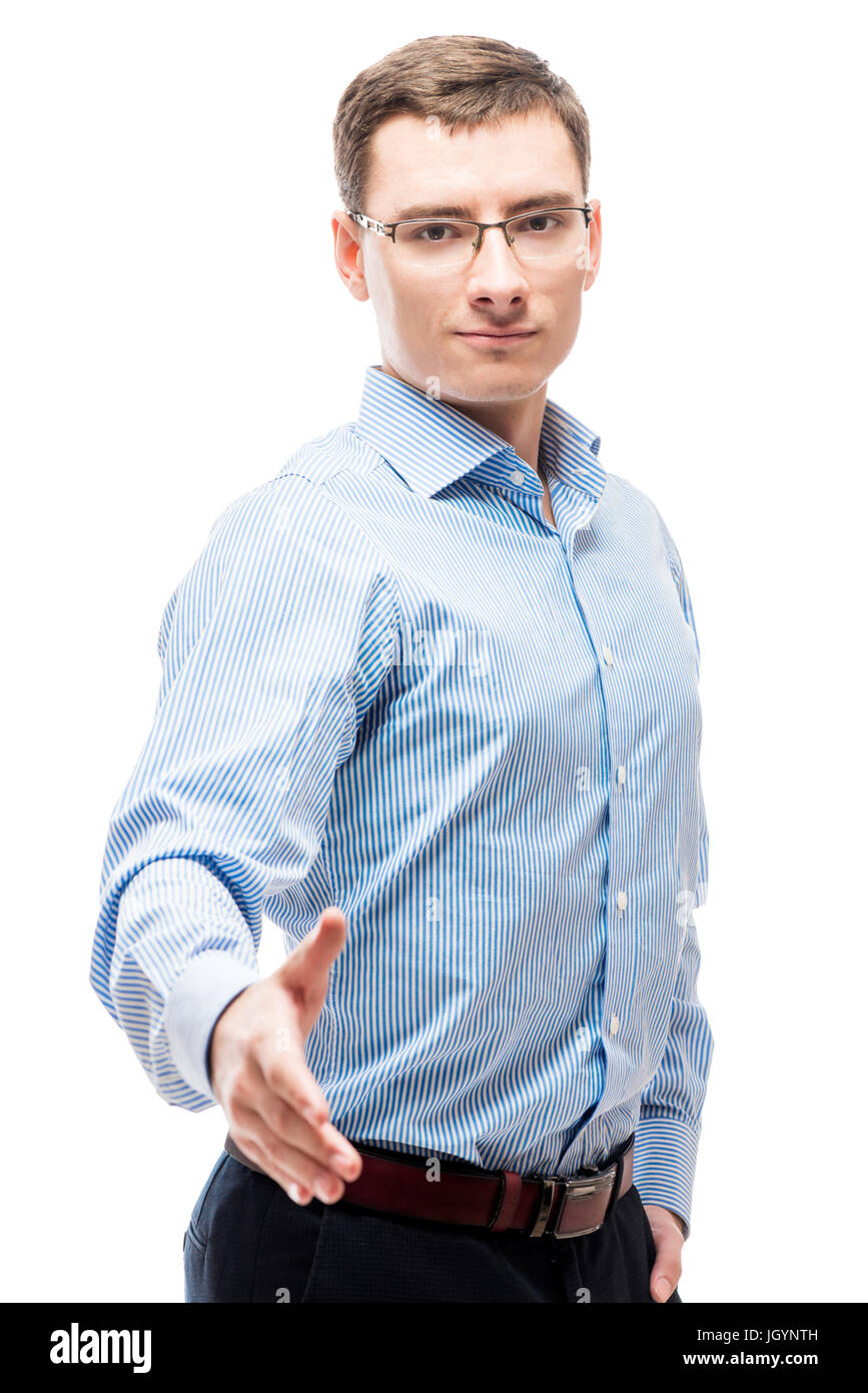 Young successful businessman extends a hand on a white background Stock ...
