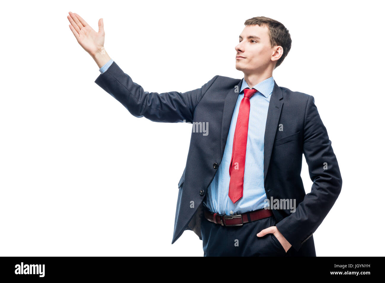 Successful young boss gestures with hands on a white background Stock ...