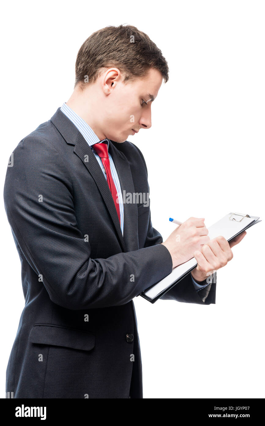 the signing of important documents, portrait boss on a white background ...