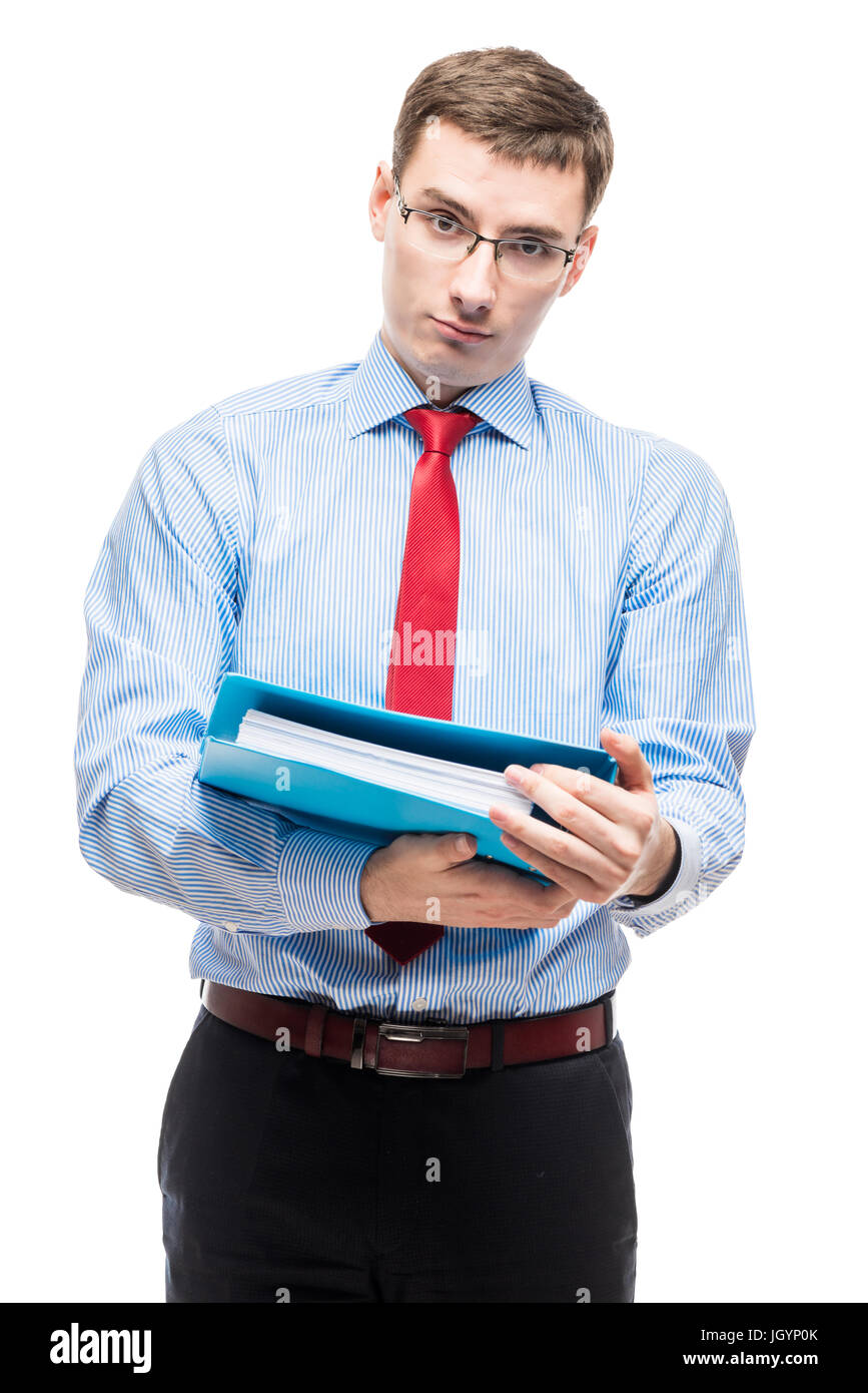 Vertical portrait of chief accountant with folder on white background ...