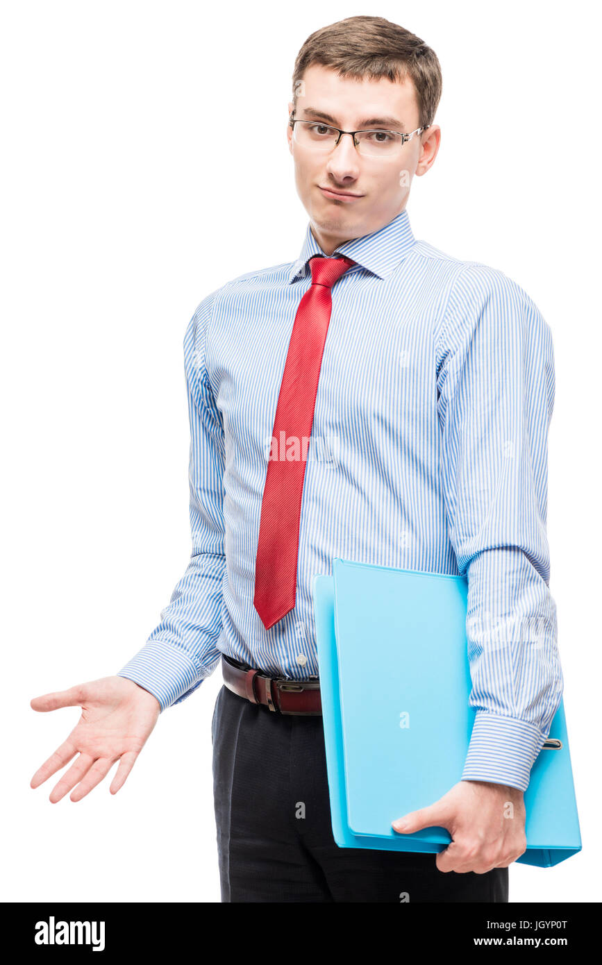 Portrait of an emotional accountant with a large folder in hands on a ...