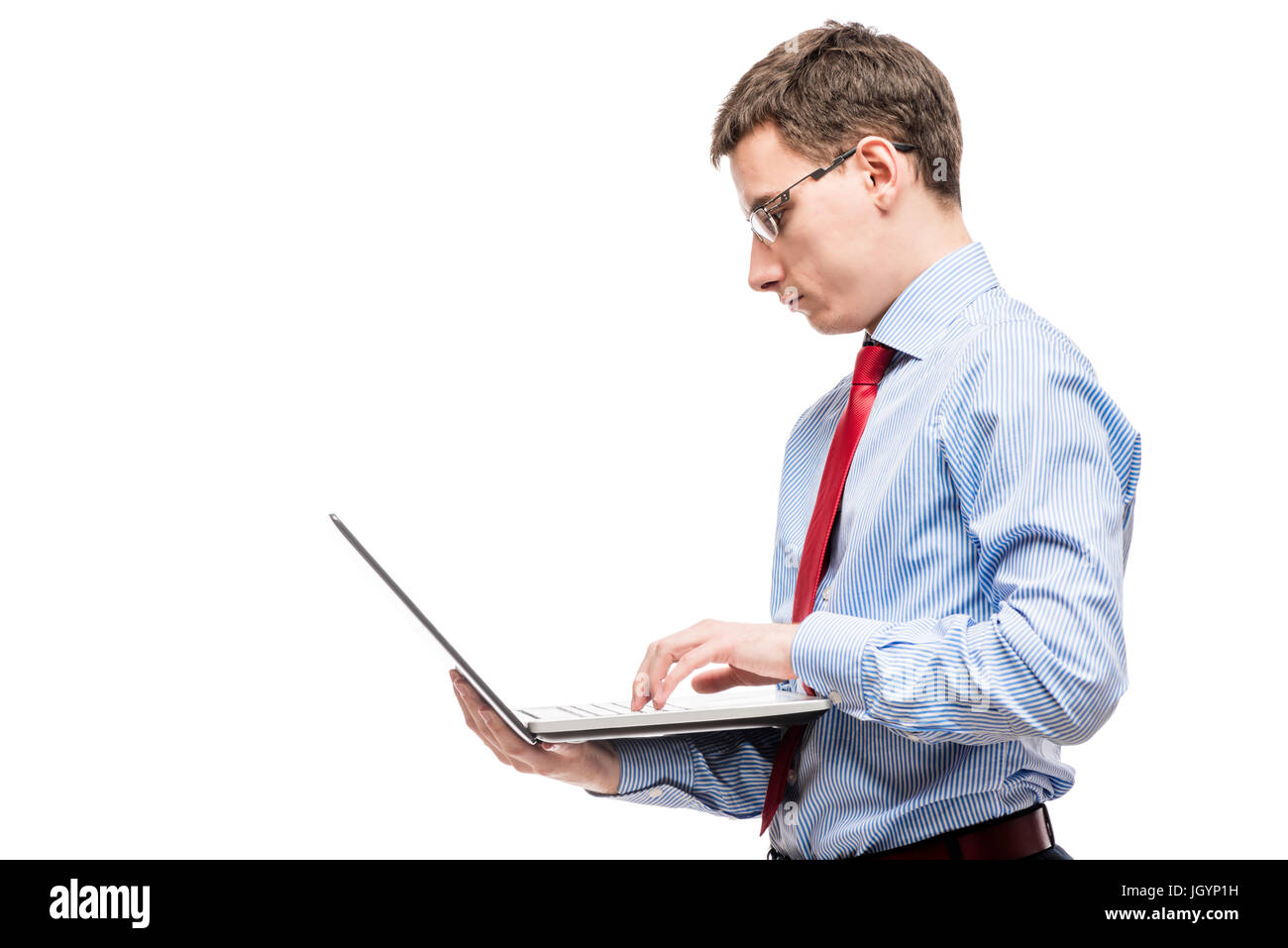 Chief accountant with laptop and space left on white background Stock ...