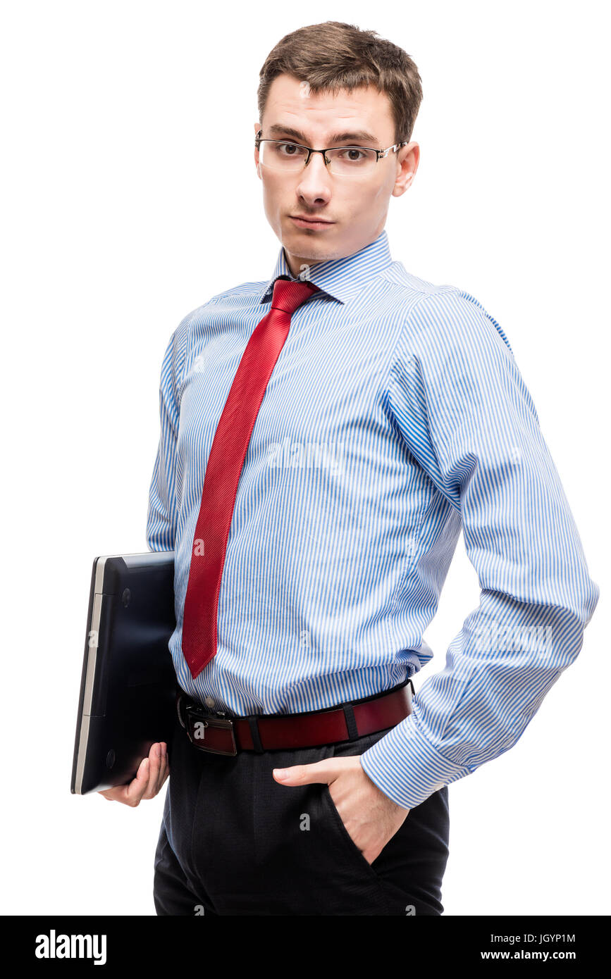 Male chief accountant with laptop posing in studio isolated Stock Photo ...