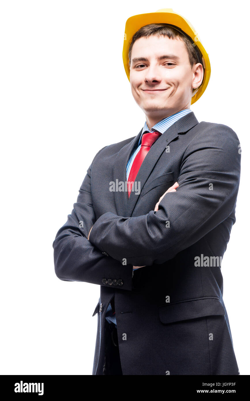 Happy architect in suit and helmet, portrait is isolated Stock Photo ...