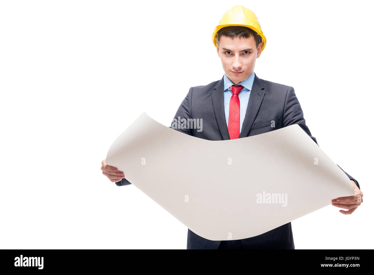 Horizontal portrait of an architect with a large sheet of paper with ...