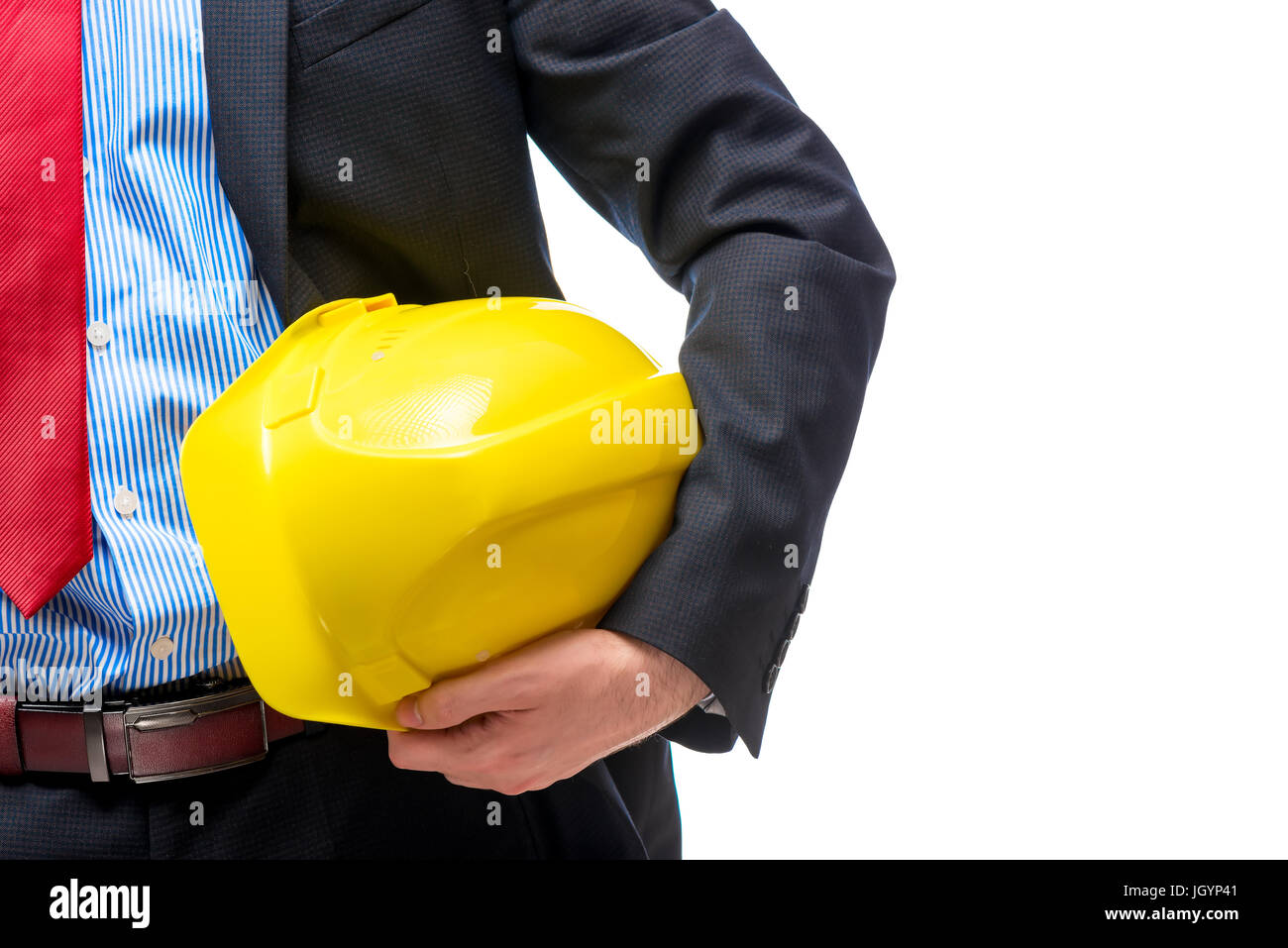 Boss architect in suit with helmet in hand, close-up hand Stock Photo ...