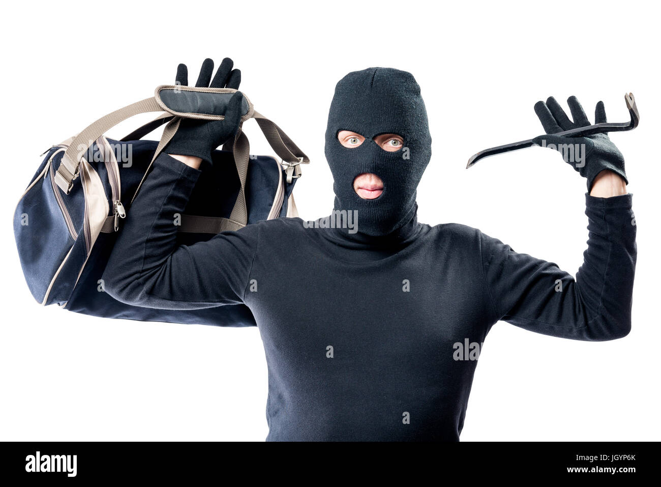 Robber with a bag and a crowbar raised his hands up to the police Stock ...