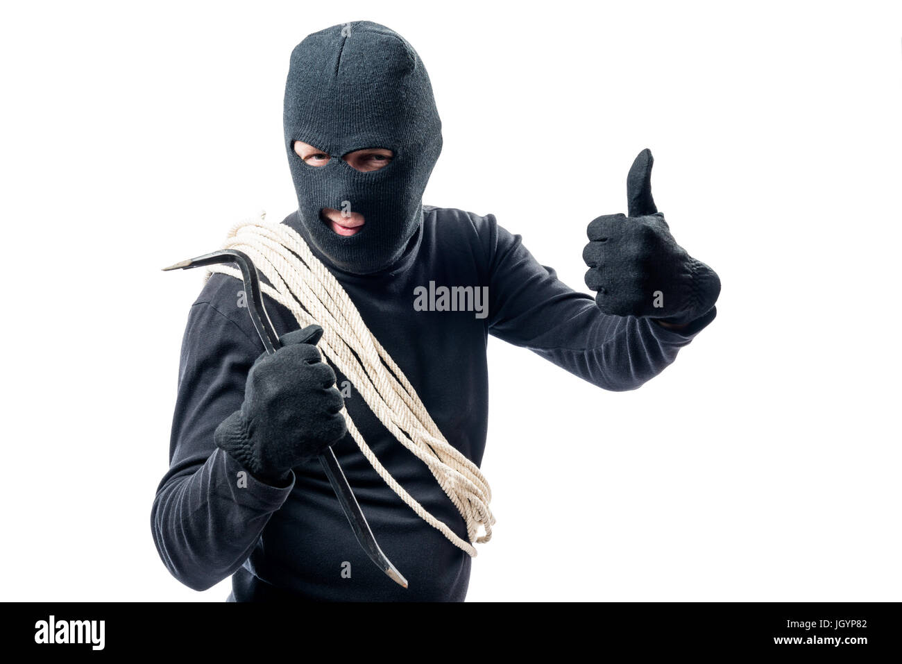 Burglar with rope on white background in studio Stock Photo - Alamy
