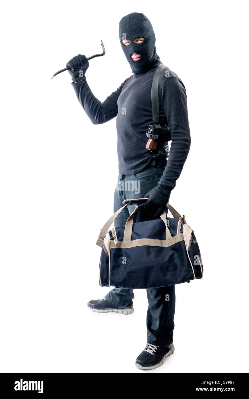 Bandit with crowbar and big bag for loot on white background Stock ...