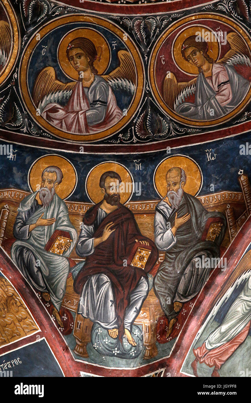 Panagia tis Asinou byzantine church. Fresco. Angels and evangelists ...