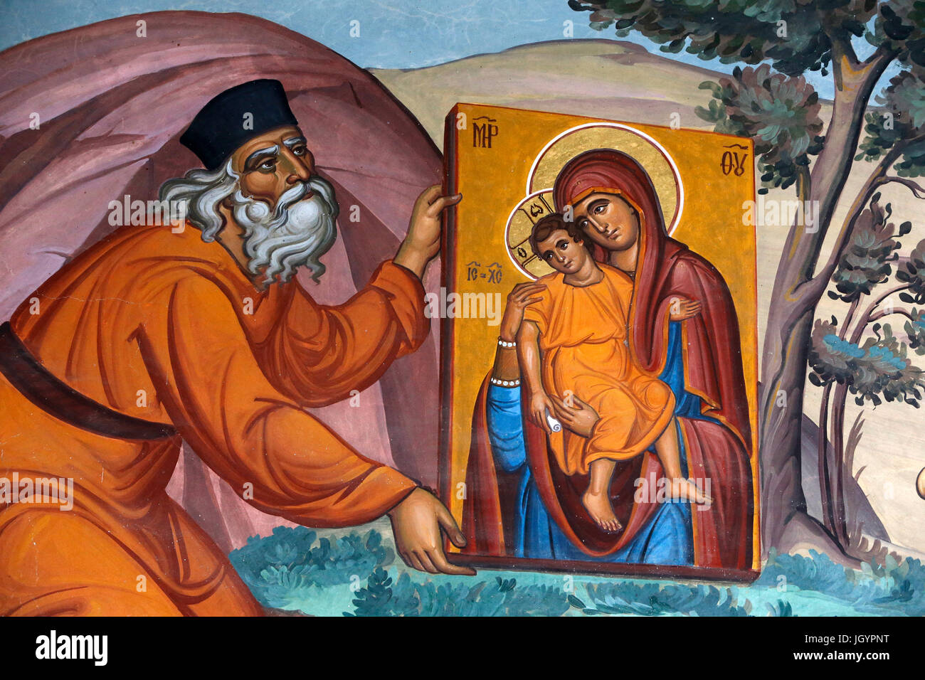 Kykkos monastery, Cyprus. Fresco. Monk carrying a sacred icon Stock ...