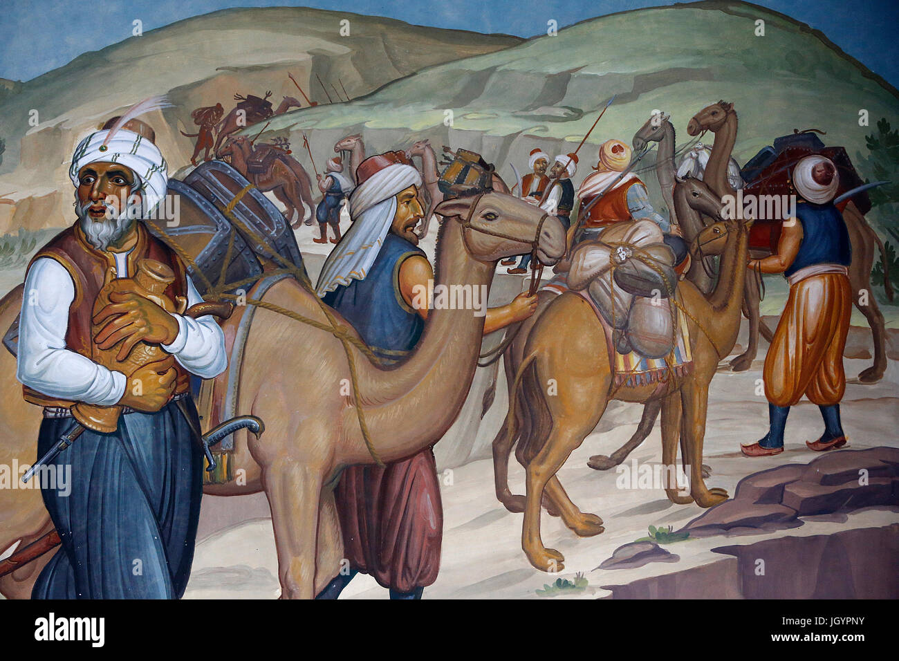 Kykkos monastery, Cyprus. Fresco depicting the looting of the monastery ...