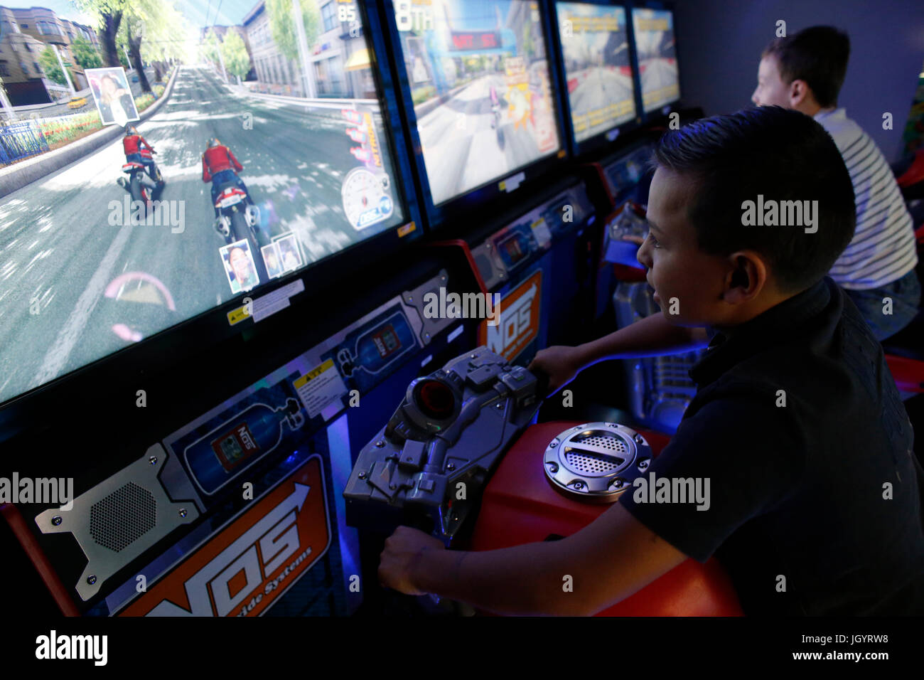 10-year-old boy playing a video game. France Stock Photo - Alamy