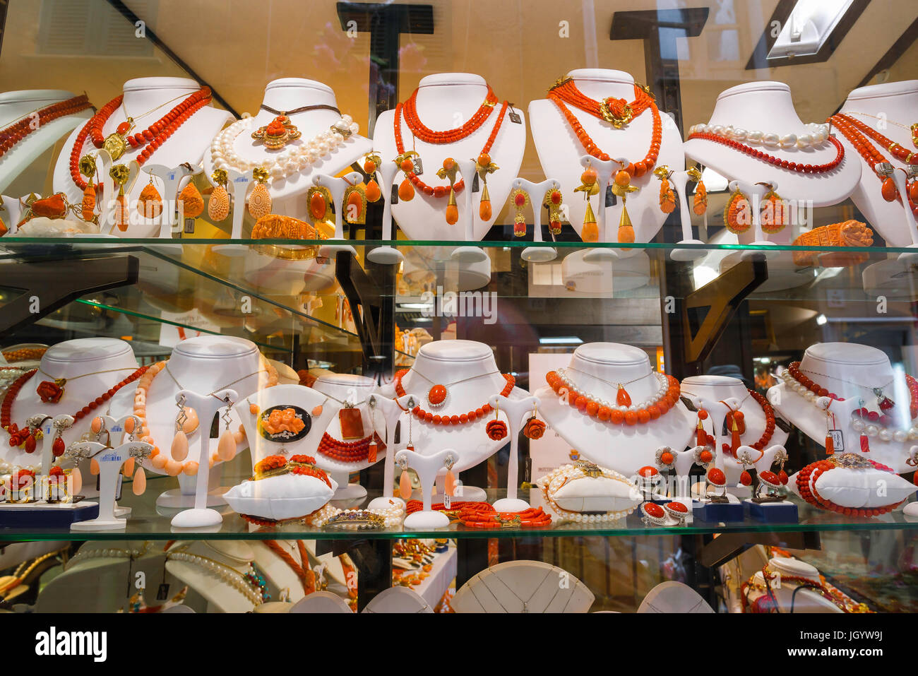 Coral jewellery, a display of coral jewellery on sale in a shop in the ...