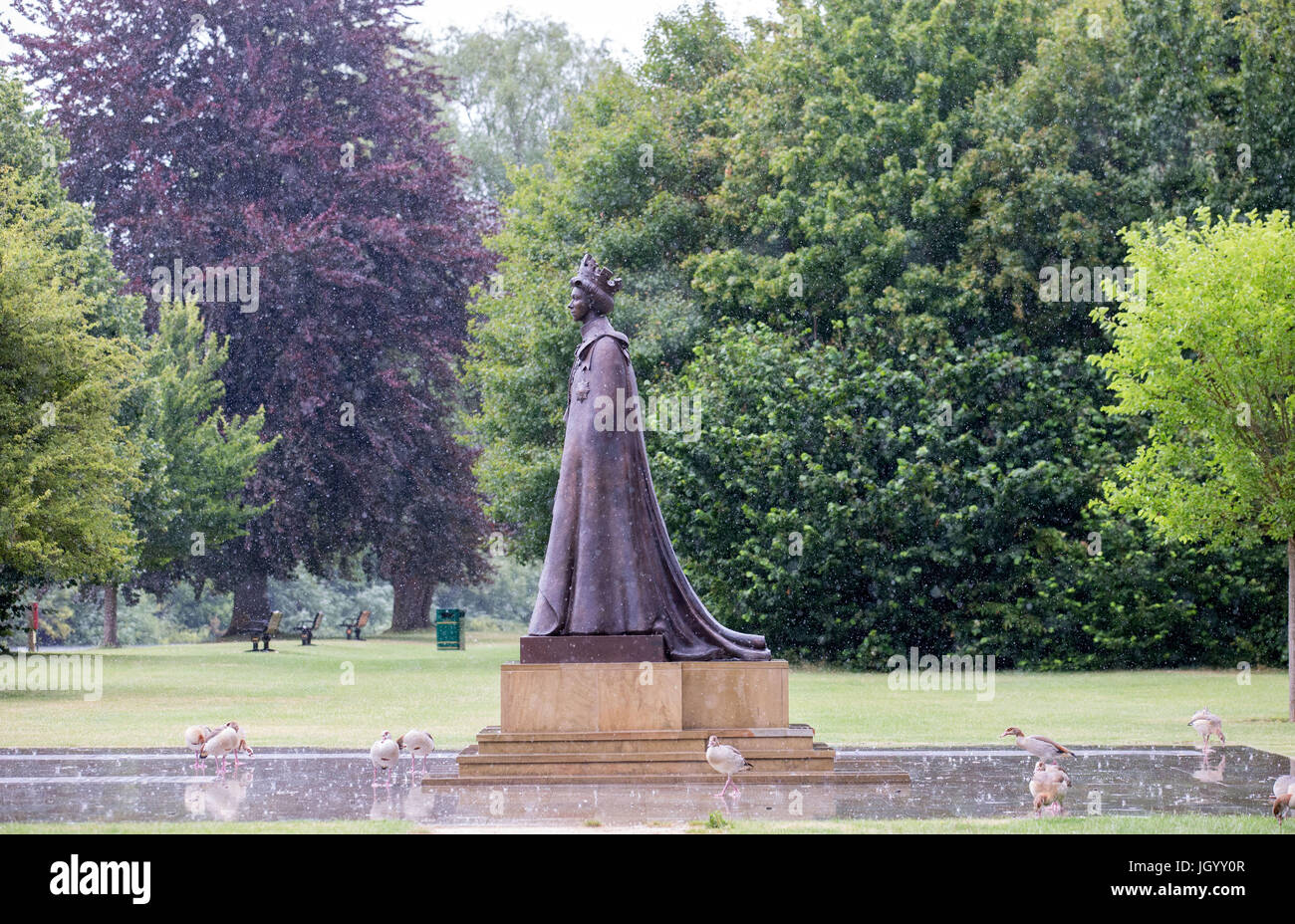 Ducks in a puddle around a statue of Queen Elizabeth II in the rain in ...