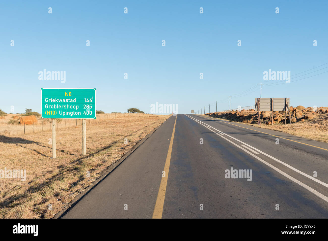 A distance road sign on the N8 road between Kimberley and Griekwastad ...