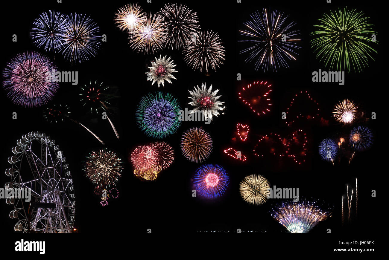 Fireworks collage with seamless black background and with ferris wheel ...
