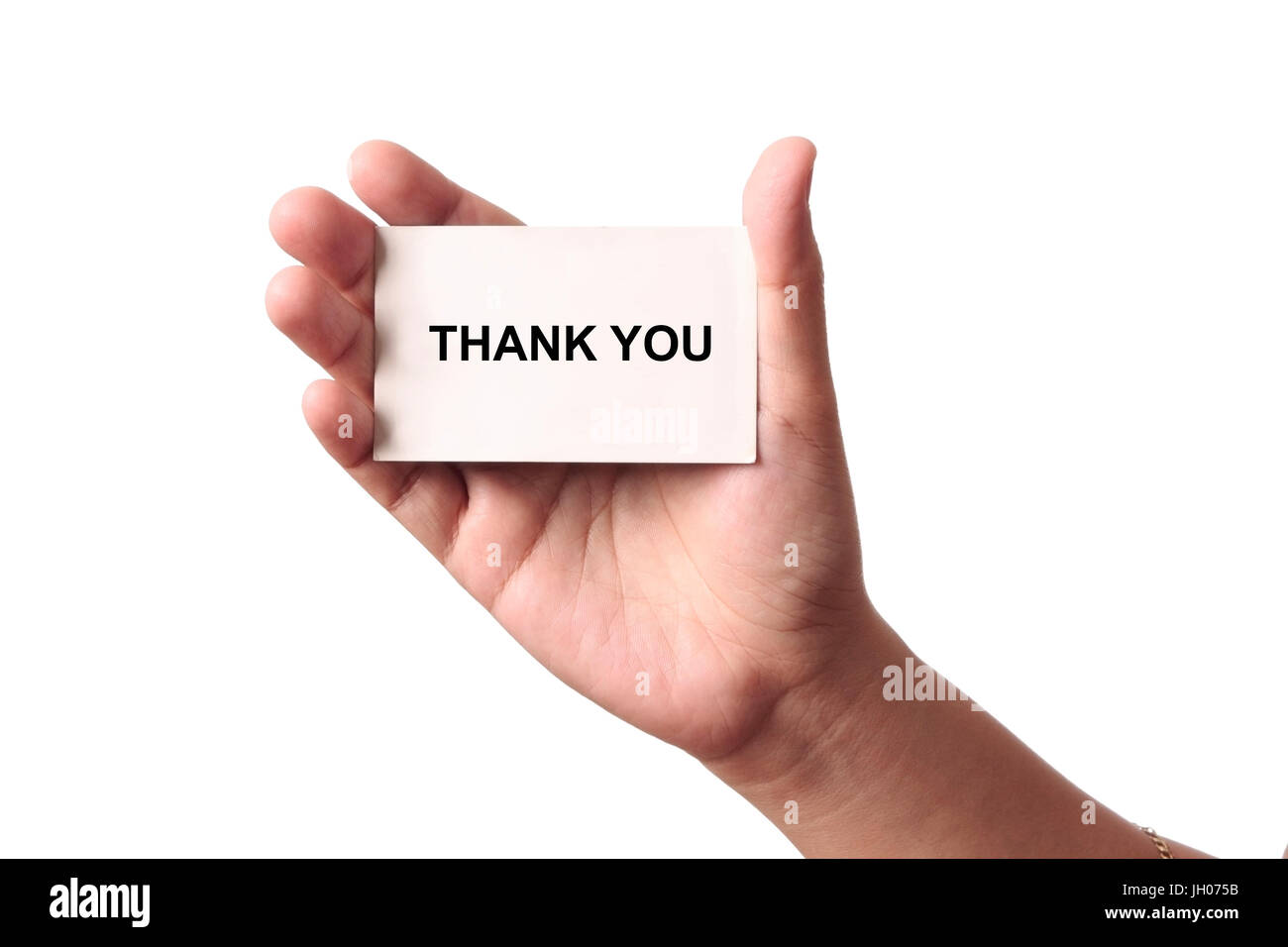 Thank You card in the hand of a woman in a white background Stock Photo ...