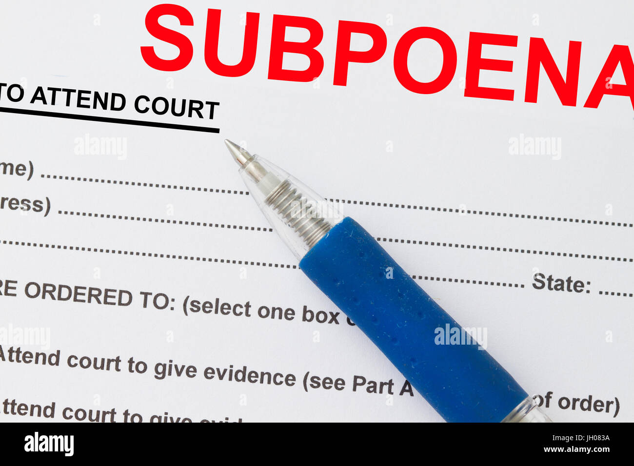 Close up picture of Subpoena form with pen Stock Photo - Alamy