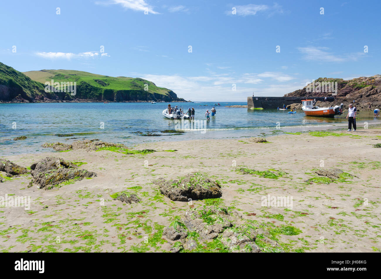 The beach at the coastal village of Hope Cove in the South Hams, Devon ...