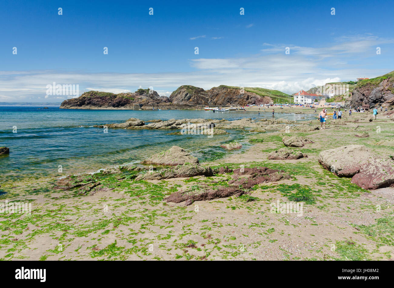 The beach at the coastal village of Hope Cove in the South Hams, Devon ...