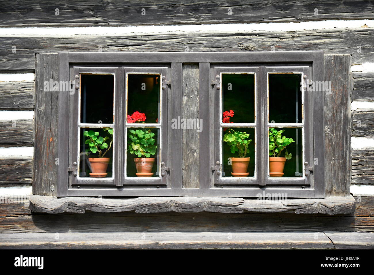 old wooden window with flower in old farm Stock Photo - Alamy