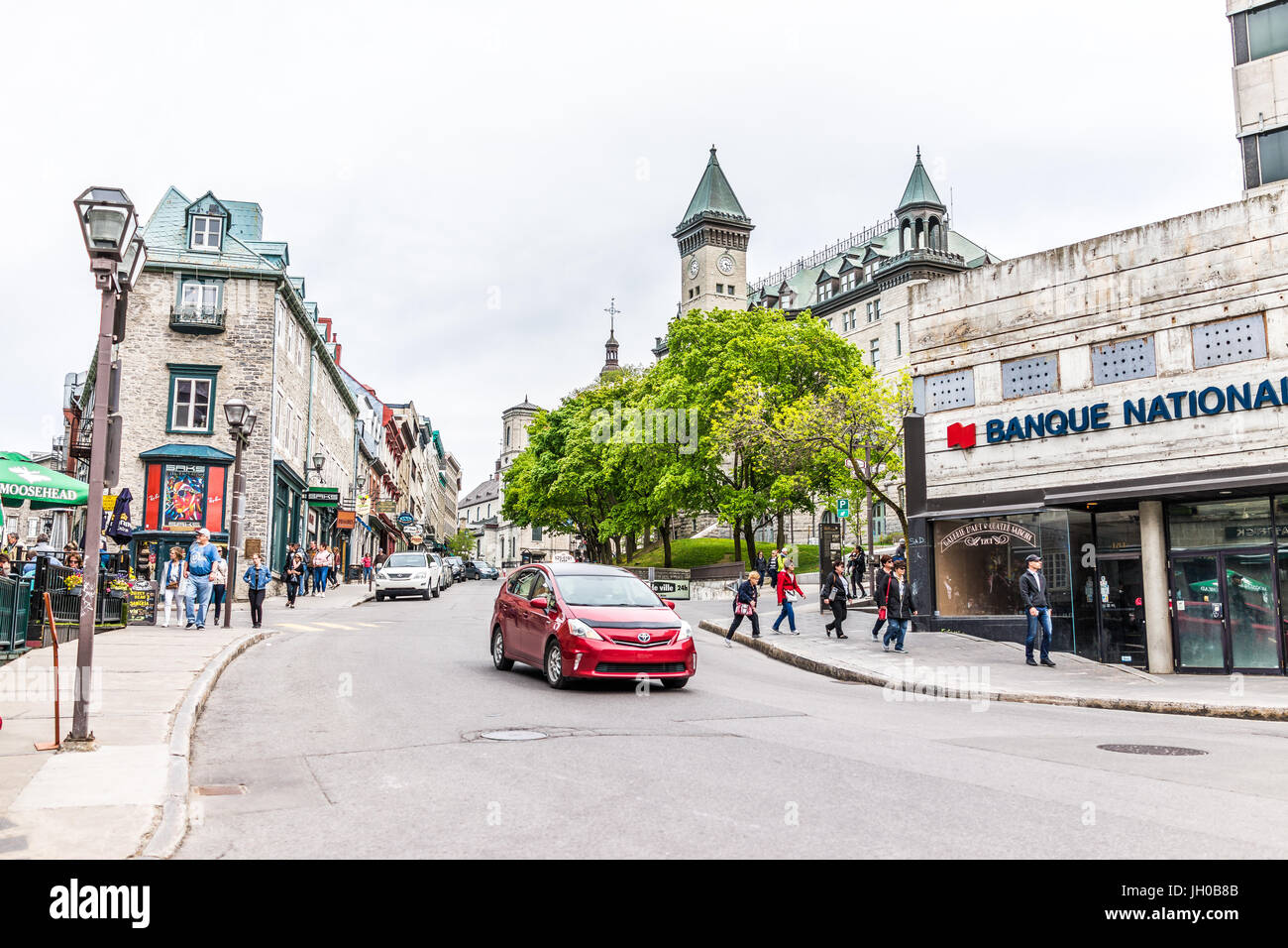 Quebec City, Canada - May 29, 2017: Old town street panorama with sign ...