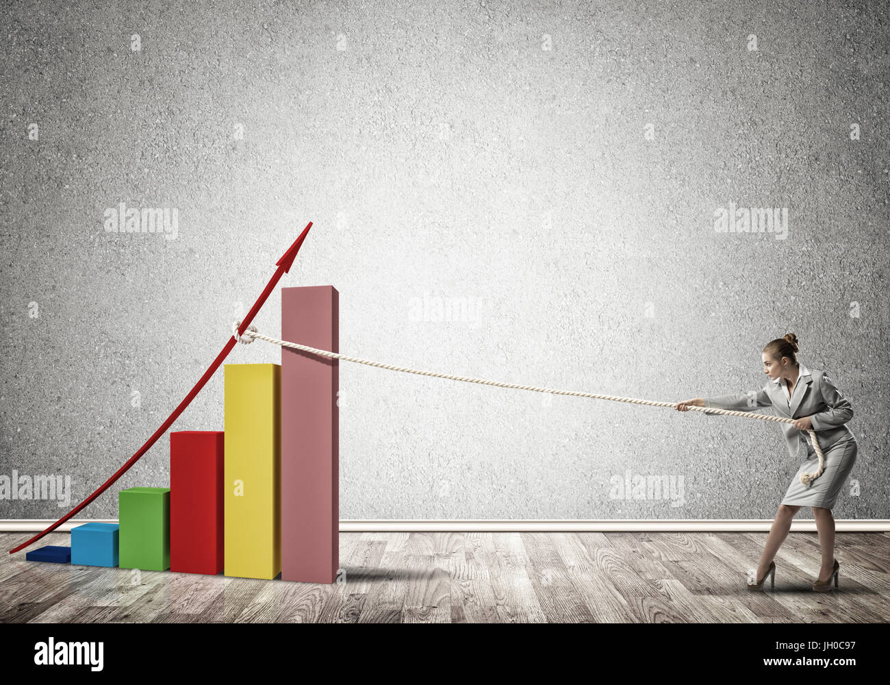 Businesswoman pulling graph with rope as symbol of power and control ...