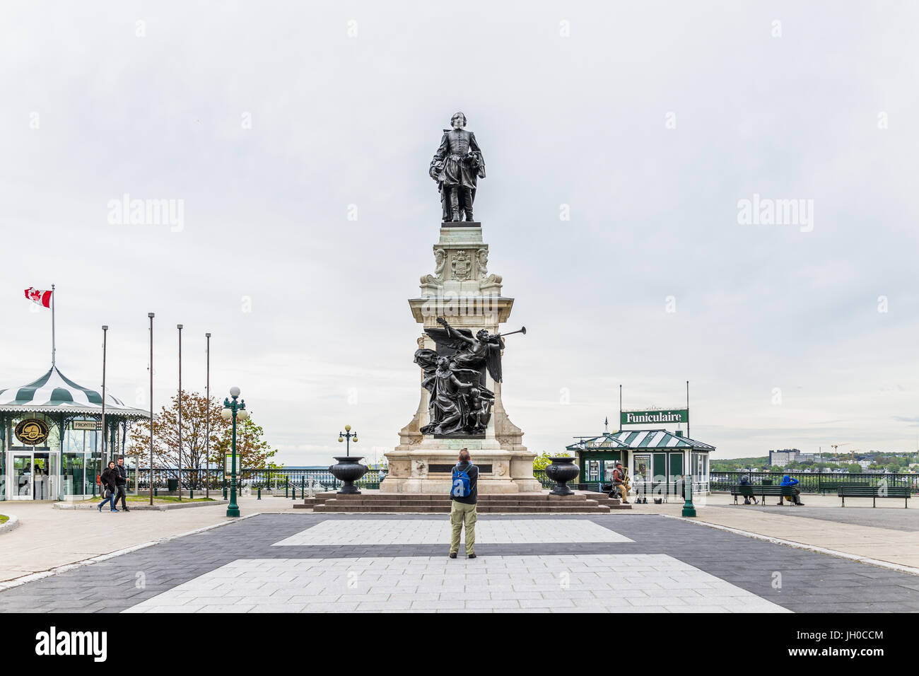 Quebec City, Canada - May 29, 2017: Old town view of Champlain monument ...