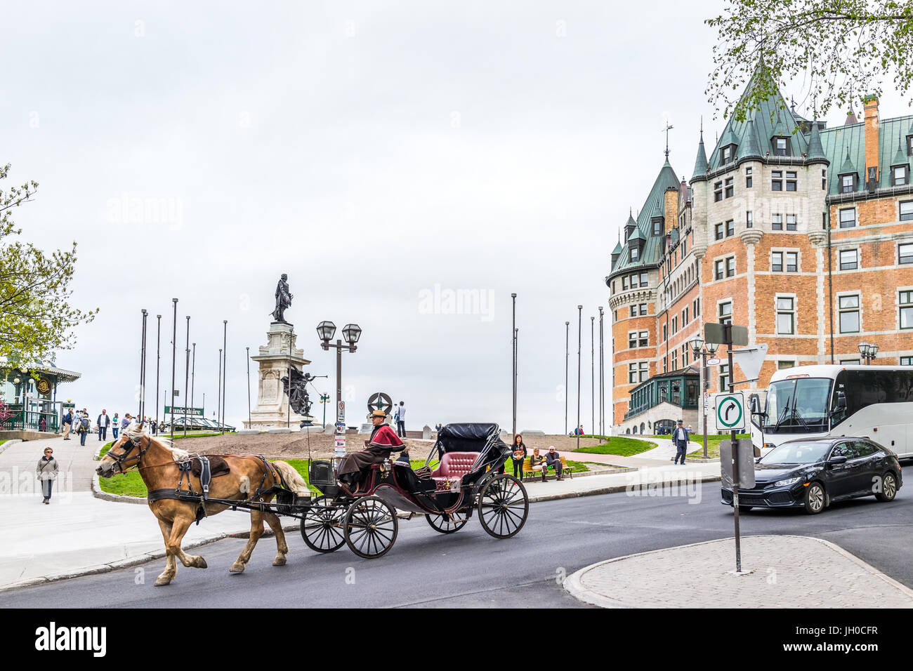Quebec City, Canada - May 29, 2017: Old town street with view of hotel ...