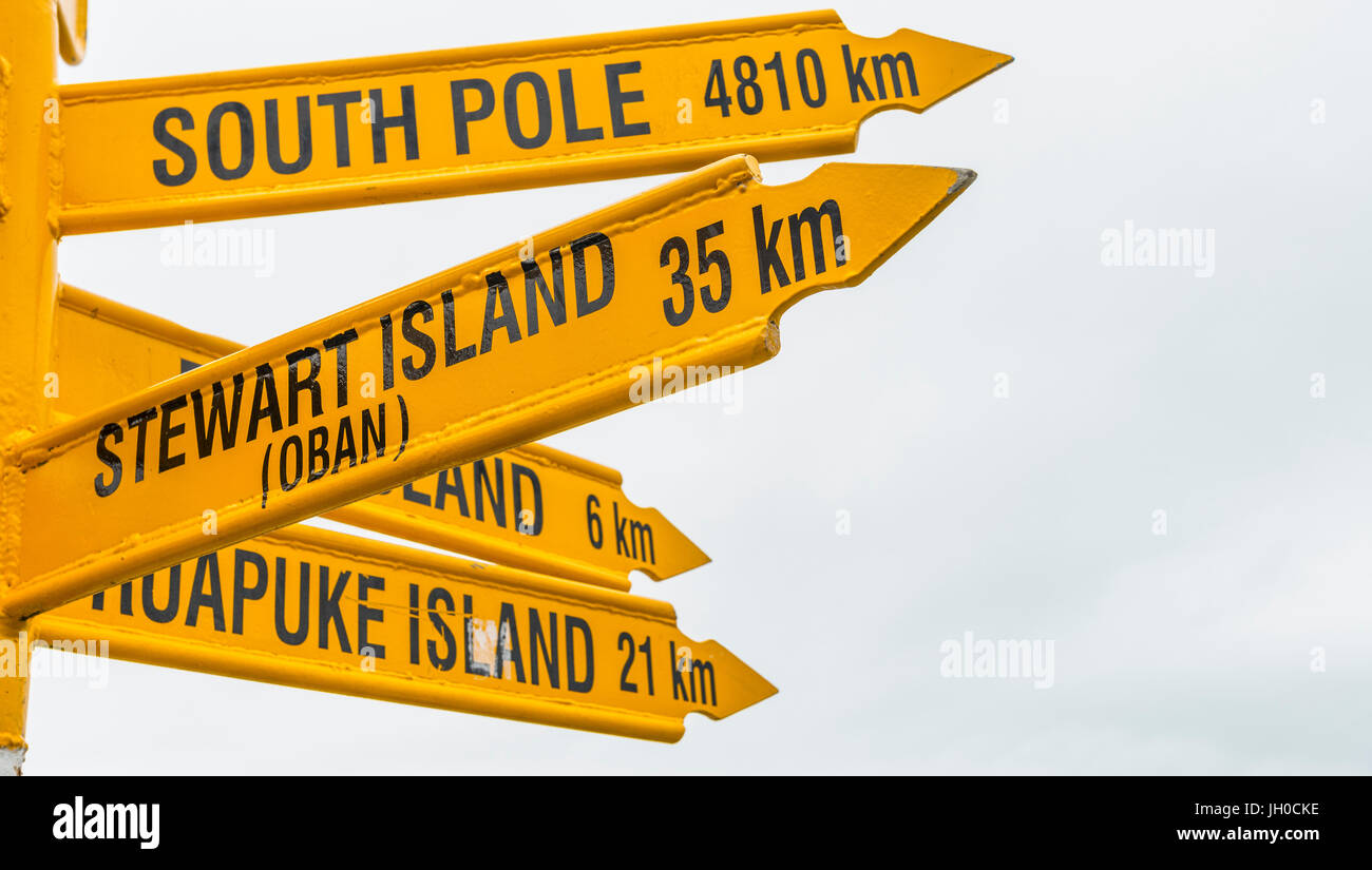 Yellow signs, signpost with different destinations, cities and ...
